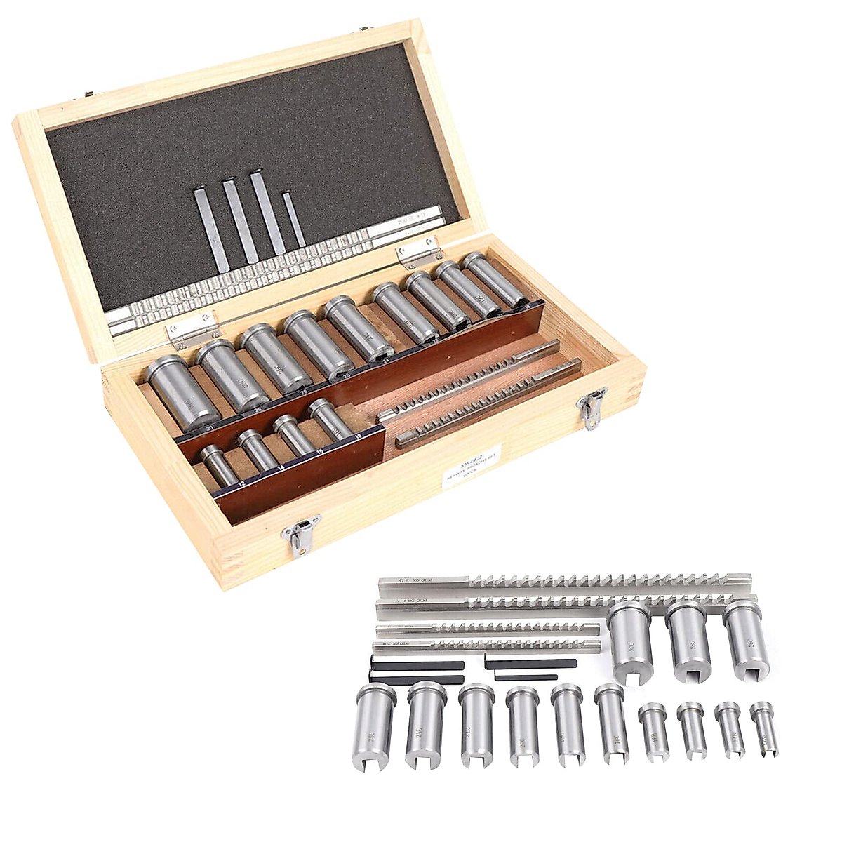 22 Pcs Keyway Broach Set in Fitted Box, Industrial Tools Metric Size Broaching Cutter Collared Bushing Shim Set W/ 4 Pcs Broach & 13 Collared Bushing & 5 Gaskets (US Stock)