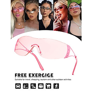 TIANYESY Y2K Sunglasses For Women Men Fashion Shield Rimless Wrap Around Sunglass Gradient Lens Trendy Oversize Sun Glasses (Silver+Pink)