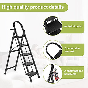 Timati 5 Step Ladder, Folding Step Stool, Wide Steps with Handrail Anti-Slip Step Ladder with Handgrip, Sturdy Steel Ladder, Lightweight and Portable Step Ladder for Home, Library, Office, Garage