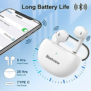 Blackview Wireless Earbuds, Bluetooth 5.3 Earbuds, HI-FI Stereo, True Wireless Stereo Headphones IPX7 Waterproof, in-Ear Headphones with CVC 8.0 Noise Reduction, Touch Control, Airbuds6 Earphones