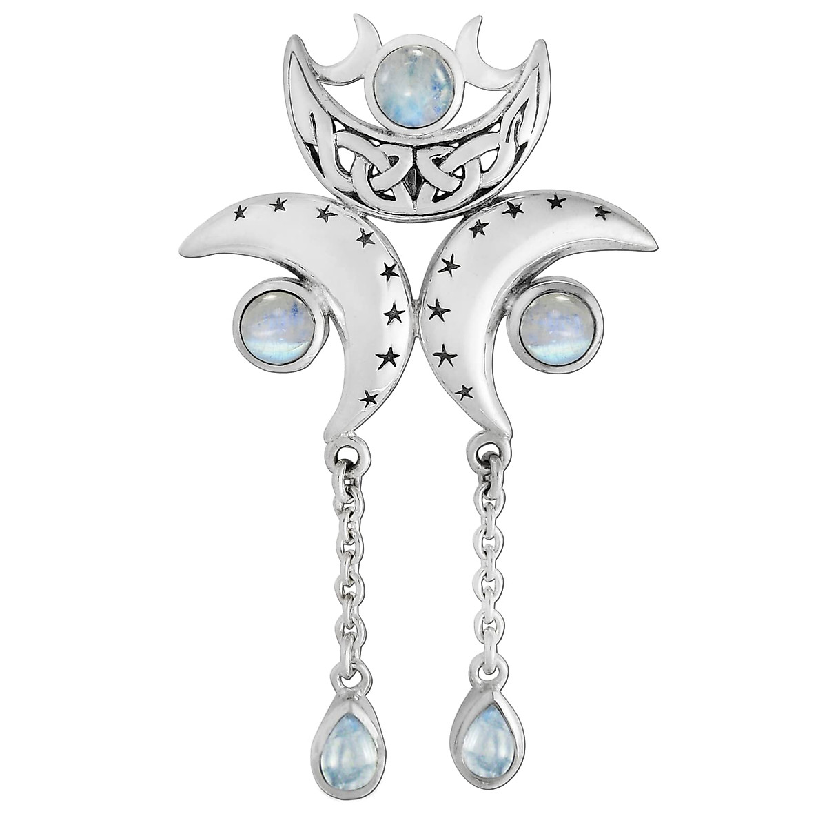 Women's Triple Crescent Moon Pendant - Sterling Silver Celtic Pagan Wiccan Moon and Star Jewelry with Natural Rainbow Moonstone
