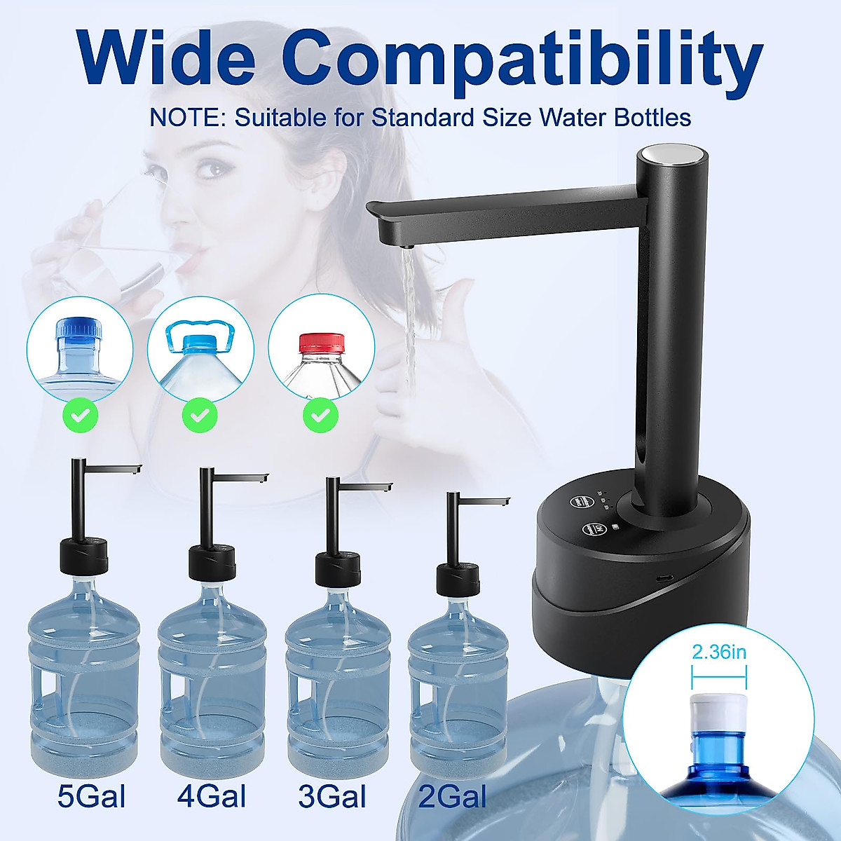 Latedaux 5 Gallon Dual-use Desktop Electric Water Bottle Dispenser, USB Type-C Charging Automatic Countertop Drinking Water Bottle Pump for 2-5 Gallon, Smart Water Jug Dispenser for Camping(Black)