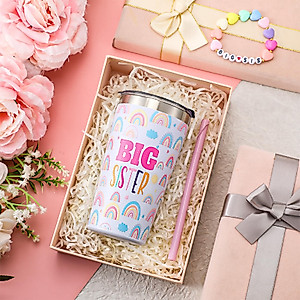 Maxcheck 2 Pcs Sister Gift 12 oz Pink Sister Cup Stainless Steel Mug Vacuum Insulated Tumbler with Leak Proof Lid and Straw Sister Bracelet Sister Announcement Jewelry for Little Girl (Big Sister)