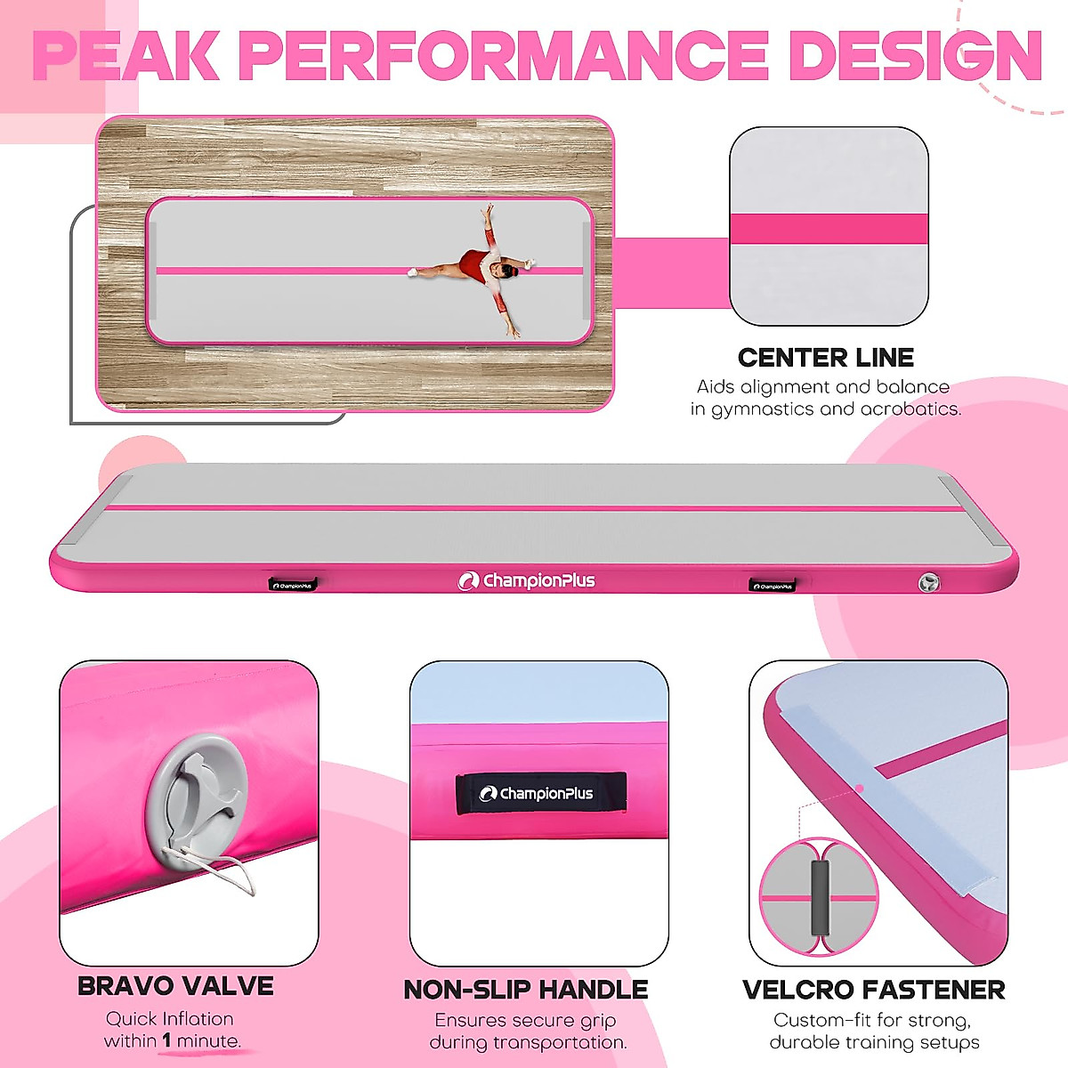 CHAMPIONPLUS 10ft 13ft 16ft 20ft Tumble Track Tumbling Mat Inflatable Gymnastics Air Mat 4/8 inches Thickness for Home Training Cheerleading Yoga with Electric Air Pump Pink 20'x3.3'x4''