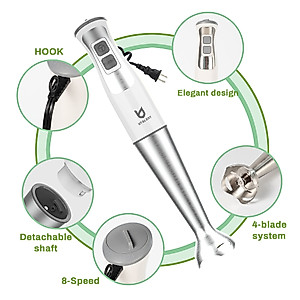 Immersion Hand Blender, UTALENT 5-in-1 8-Speed Stick Blender with 500ml Food Grinder, BPA-Free, 600ml Container,Milk Frother,Egg Whisk ,Puree Infant Food, Smoothies, Sauces and Soups - White
