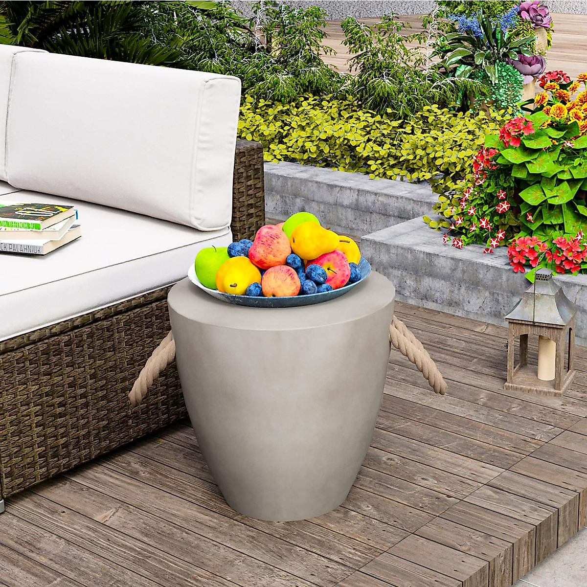 HOMPUS Concrete Outdoor Side Table Drum Accent Light Gray Modern End Table, Round Coffee Table with Rope Handle Garden Stool Decor for Garden, Indoor, Living Room