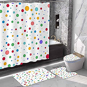 4 Pcs Rainbow Polka Dot Shower Curtain Set, Colorful Abstract Circles Bathroom Sets with Shower Curtain and Rugs, Bath Curtain and Bath Mat, Toilet Lid Cover and U Shaped Rug, 12 Hooks, SETLSSD265
