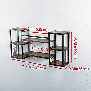 Industrial Hanging Wine Rack Wall Mounted with 5 Stem Glass Holder,47.2in Rustic Wine Glass Rack Wall Mount,Wine Glass Shelf Metal Floating Bar Shelves,Wine Bottle Holder Wall Shelf Wood Shelves