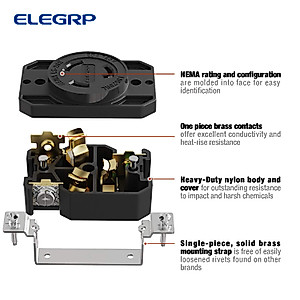 ELEGRP NEMA L5-20R Flush Mounting Locking Receptacle, Twist Lock Socket/Outlet for Generator, 20 Amp 125V 2 Pole 3 Wire Grounding, Industrial Grade Heavy Duty, UL Listed, 1 Pack, Black