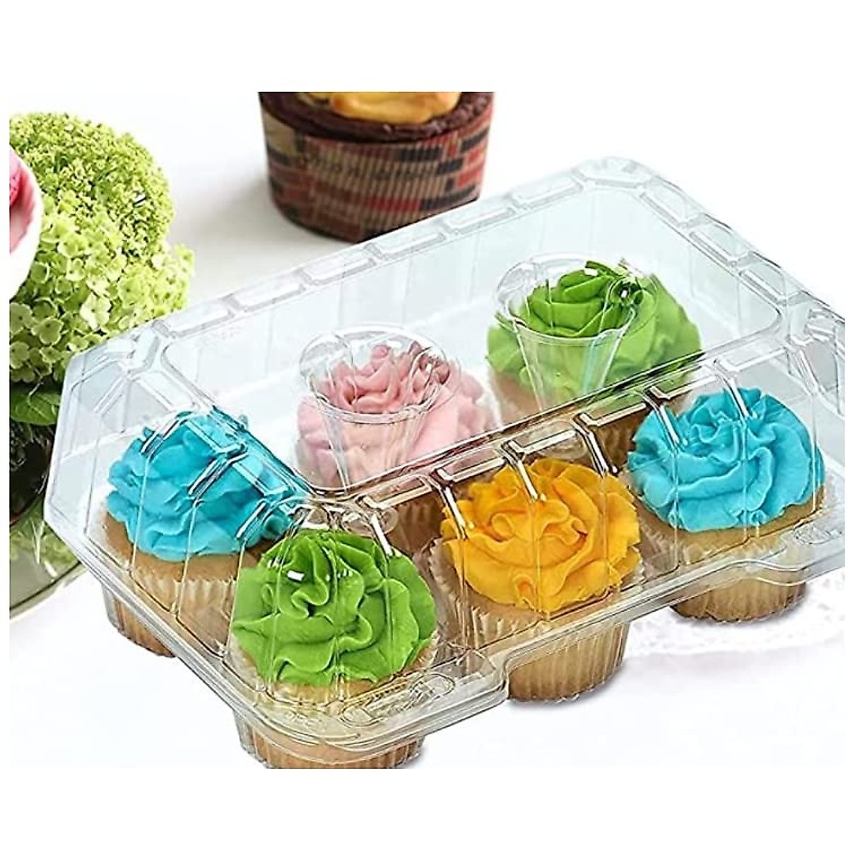 Cupcake Boxes 6 Count - MADE IN USA - Stylish Clear Plastic Cupcake Containers for Displaying & Transporting- Durable Cupcake Holders with 4" High Dome for High Toppings- Each Cup Cake Box Holds 6 Cupcakes- 12 Pack