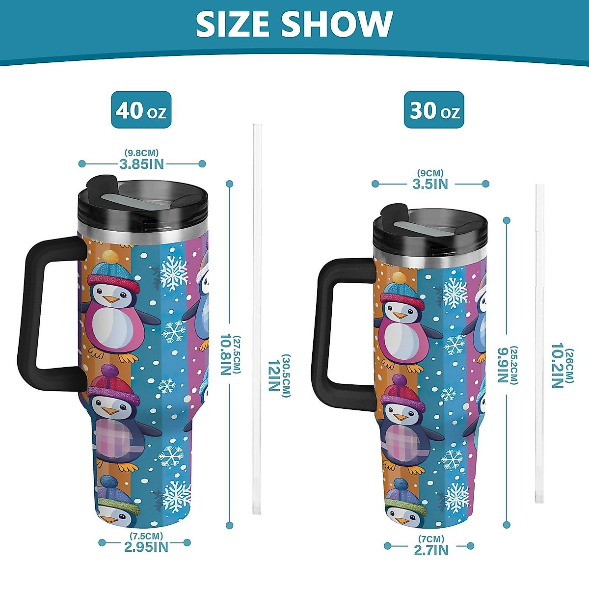 FRCSDIY Cartoon Penguin Insulated Tumbler with Handle and Straw Lid,30oz Leakproof Stainless Steel Cup BPA-Free Water Bottle