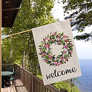 AVOIN colorlife Welcome Tulips and Lily Wreath House Flag Double Sided, Seasonal Spring Easter Mother's Day Yard Outdoor Flag 28 x 40 Inch