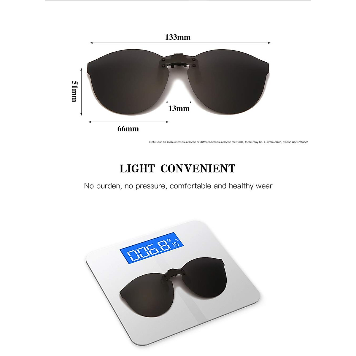 YAMEIZE Polarized Clip-on Sunglasses Anti-Glare UV400 Protection Flip Up Rimless Lens for Prescription Glasses (Grey)