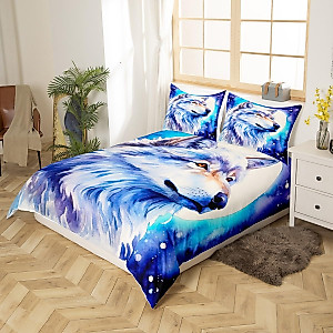 Wolf Bedding Duvet Cover Set Galaxy Wolves Howling Kids Bedding Set Animal Wolves Comforter Cover Set for Boys Room Decor Mountain Moon Wolf Space Outer Sky Bedspread Cover Queen With 2 Pillow Case