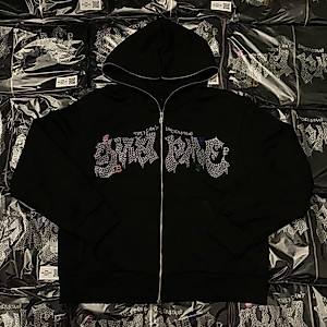 Y2k Sweatshirt Women Men Oversized Aesthetic Zip Up Hoodie Vintage Graphic Printed Skeleton Skull Bone Butterfly Halloween Harajuku Gothic Casual Teen Girls Loose Jacket Tops (Black Reinstone1 , XL )