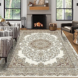 Area Rug Living Room Rugs: 8x10 Washable Oriental Persian Carpet for Bedroom Under Dining Table Large Farmhouse Floral Distressed Indoor Non Slip Decor Home Office Nursery - Beige