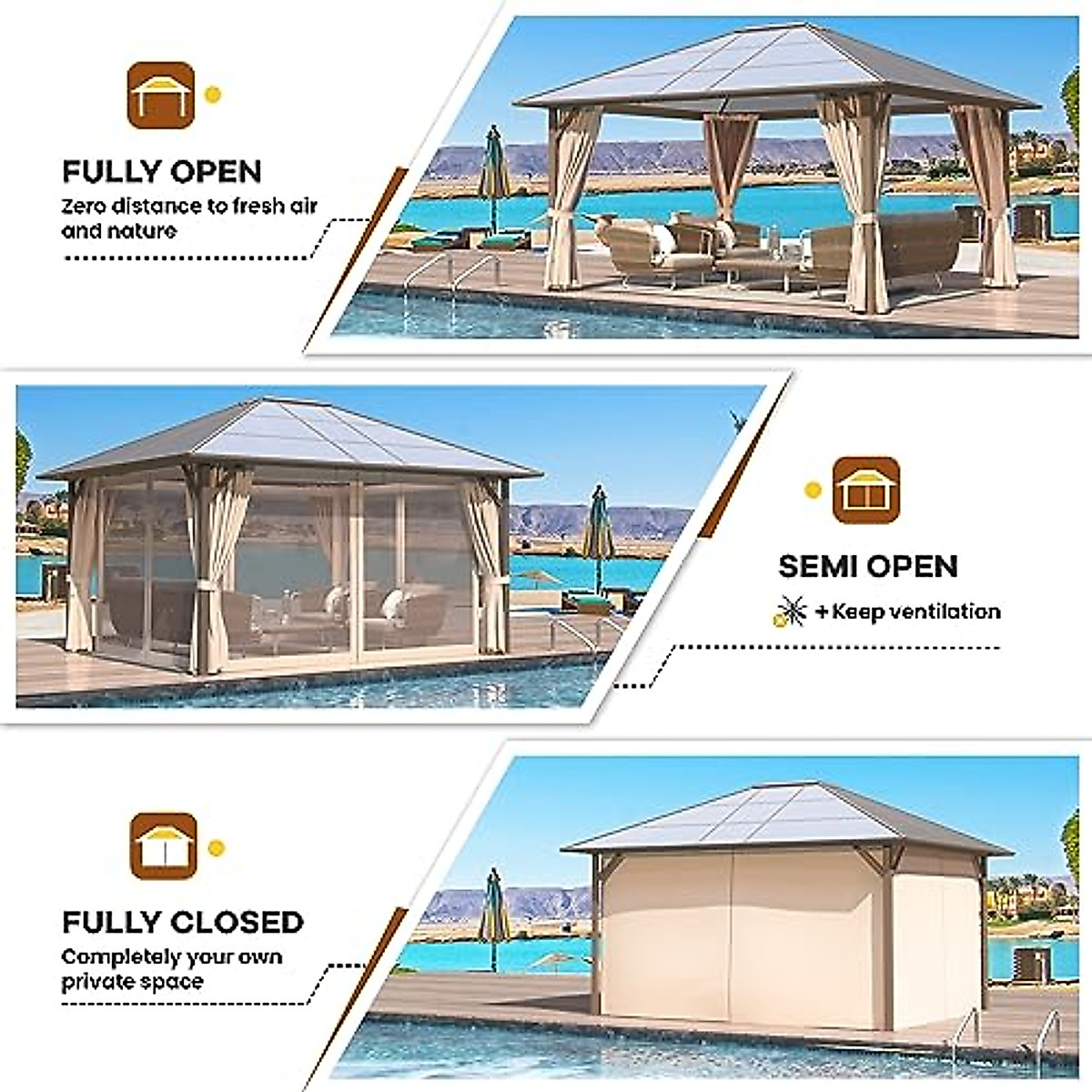YOLENY 12'x14' Hardtop Gazebo, Outdoor Polycarbonate Roof Canopy, Aluminum Frame Permanent Pavilion with Curtains and Netting, Sunshade for Garden, Patio, Lawns