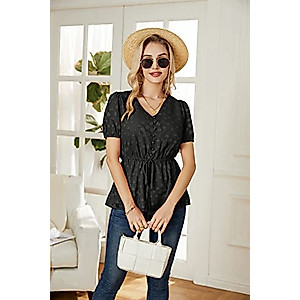 GRACE KARIN Women's Peplum Tops 2023 Summer V Neck Ruffle Short Sleeve Blouse Jacquard Flowy Shirt Tunic Top Black