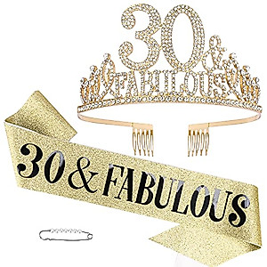 FASOTY 30th Birthday Decorations for Women,30th Birthday Sash,30th Birthday Crown,30th Birthday Tiara,Birthday Crowns for Women 30 and Fabulous,Happy 30th Birthday Gifts for Her
