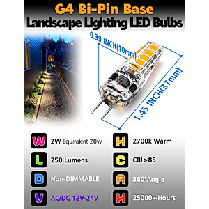 Xyanmc G4 LED Bulb AC DC 12V to 24V JC Type, 20W-30W T3 G4 Halogen Equivalent, 2W 2700K Warm White, G4 Bi-Pin Base, 250LM, Landscape Lighting Courtyard Lawn Lights, Non-Dimmable,10pcs