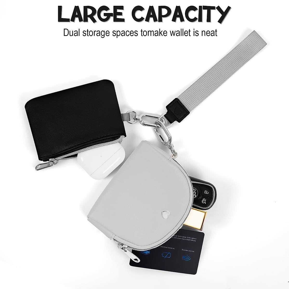 ZRRAJOY Wallet for Woment Dual Pouch Wristlet Portable Wallet Coin Purse Mini Women Coin Pocket(Black+Grey)