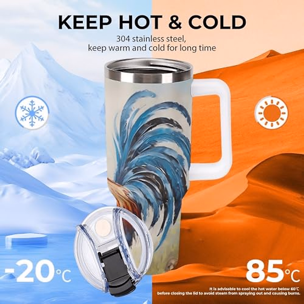 Rooster Picture 40 Oz Stainless Steel Cup Travel Tumbler with Handle and Straw Lightweight Coffee Mug for Home Office