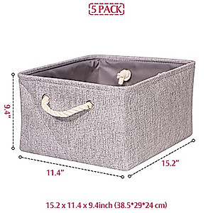 TENABORT 5 Pack Large Storage Basket Bin, Foldable Storage Cube Box Canvas Fabric Collapsible Organizer with Handles for Closet Home Office Clothes Shelf, Grey