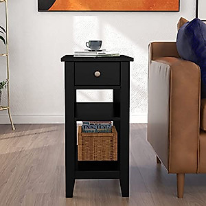 ChooChoo Side Table Living Room, Narrow End Table with Drawer and Shelf, 3-Tier Sofa End Table for Small Space, Black