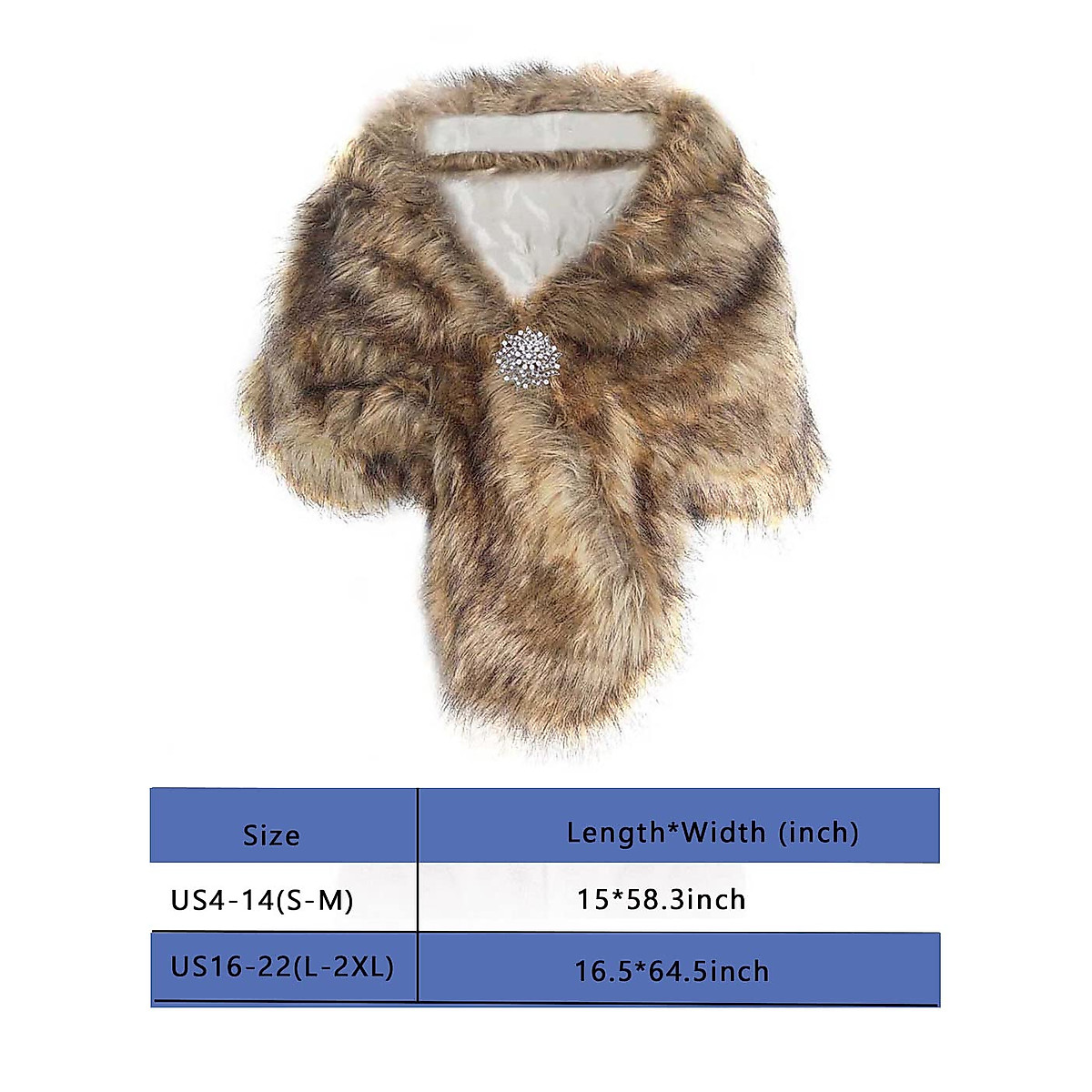 Aukmla Women's Brown Faux Fur Shawl Wedding Fur Wraps and Shawls Bridal Fur Stoles Scarf with Rhinestones Brooch for Bride and Bridesmaids (A-Brown, US 4-14 (S-M))