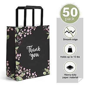 Black Thank You Gift Bags 50 Pack 8" X 10" Medium Size Paper Bags With Handles Floral Design Bulk Thank You Bags For Business Boutique, Gifts Wedding Favors Retail Shopping Goody Bags