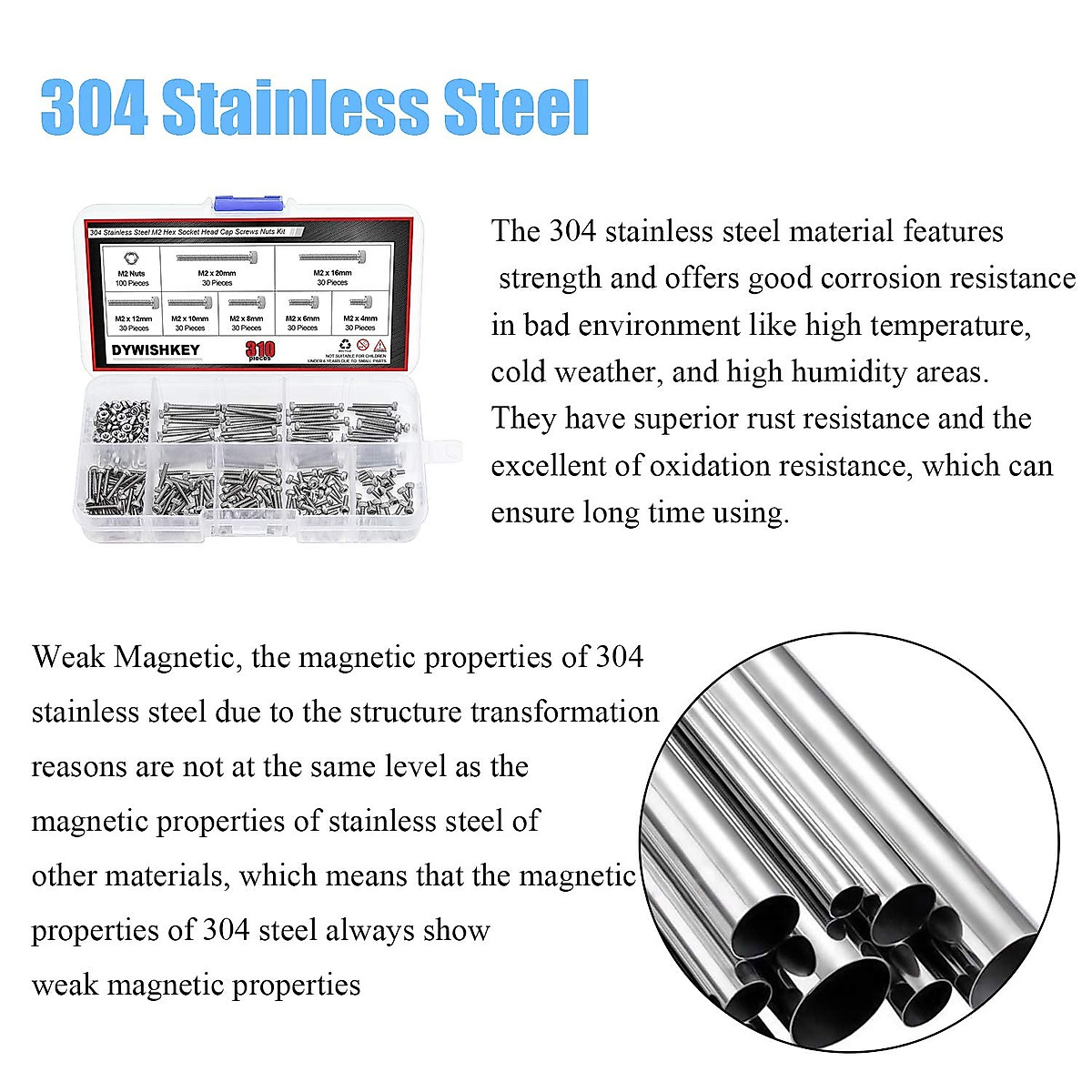 DYWISHKEY 310 Pieces M2 x 4mm/6mm/8mm/10mm/12mm/16mm/20mm, Stainless Steel 304 Hex Socket Head Cap Bolts Screws Nuts Kit with Hex Wrench