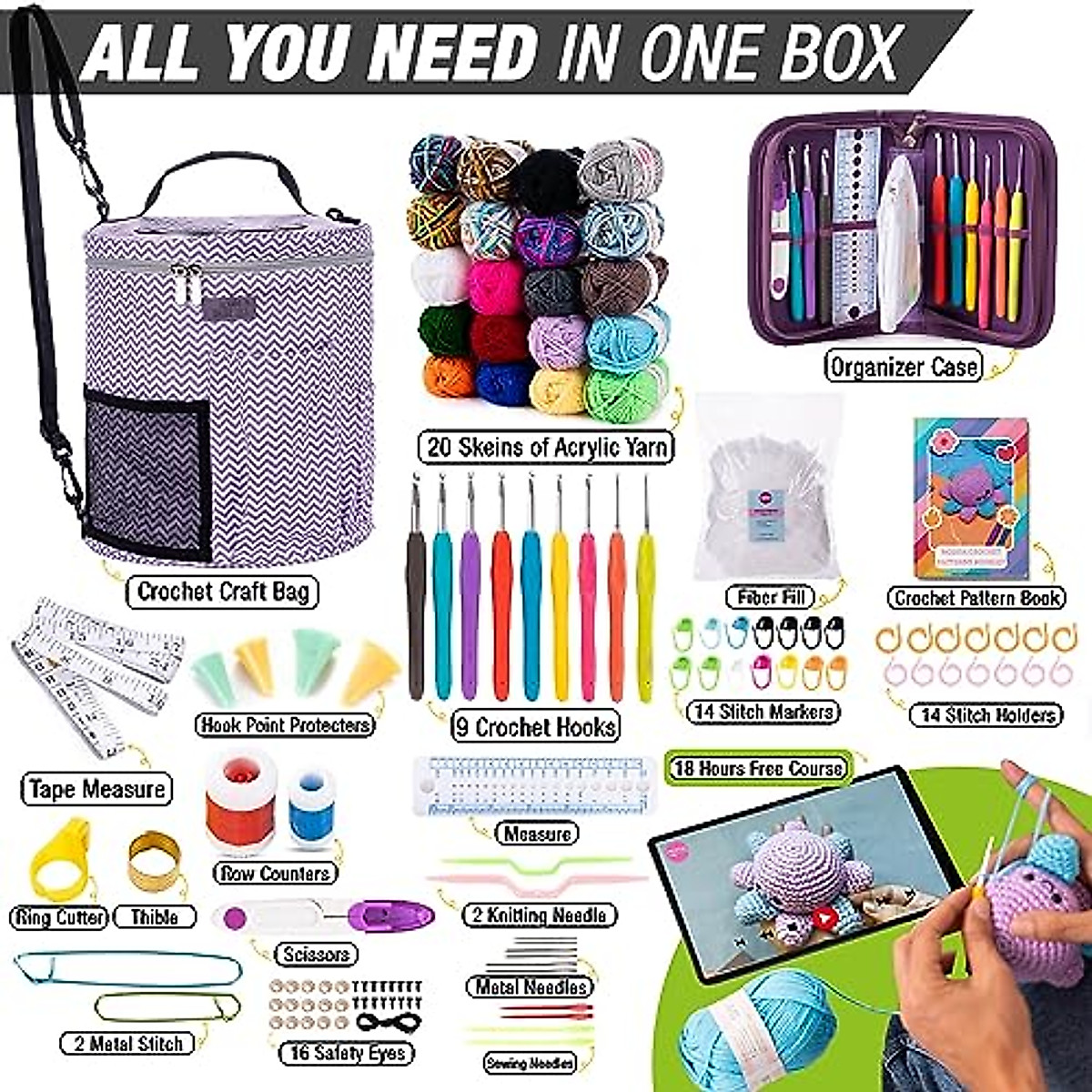 MODDA Crochet Kit for Beginners Adults and Kids - with Video Course - Make Amigurumi and Crocheting Kit Projects - Beginner Crochet Kit Includes 20 Colors Yarn, Hooks, Book, Patterns and Crochet Bag