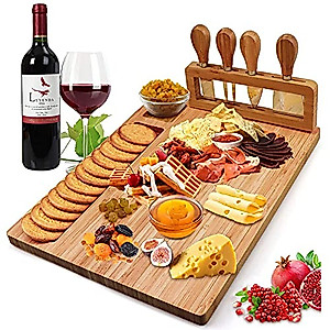 Bamboo Cheese Board Set, Cheese Tray, Charcuterie Board and Serving Meat Platter with 4 Stainless Steel Cheese Knives, Ideal for Wedding Gifts Christmas Birthday Party (14''x11'')