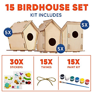 CRAFTY HAPPITOYS Birdhouse Kit - 15 Unfinished Wood Bird Houses for Children to Paint - Wood Craft Project Kits for Kids - Wooden Arts & Craft for Girls & Boys