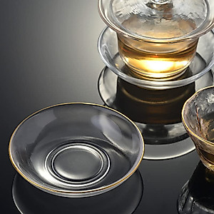 Wowagoga 9 Pcs Small Random Round Glass Saucer Plate Tea Cup Saucer Set for Teacups Coffee Mugs Dessert(82-100mm,Transparent/Gold)