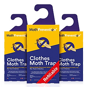 MothPrevention Powerful Clothes Moth Traps only for Clothes Closets Moths | Refillable Clothes Moth Trap | 3-Pack | Odor-Free & Natural Closet Clothing Moth Traps | Moth Pheromone Traps for House