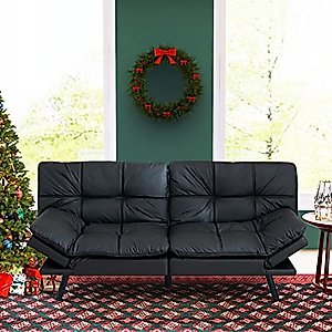 Vyfipt Futon Bed/Couch,Black Faux Leather Memory Foam Small Splitback Convert Backrests&Armrests,Easy to Clean Sofas, 71x33x31.5IN