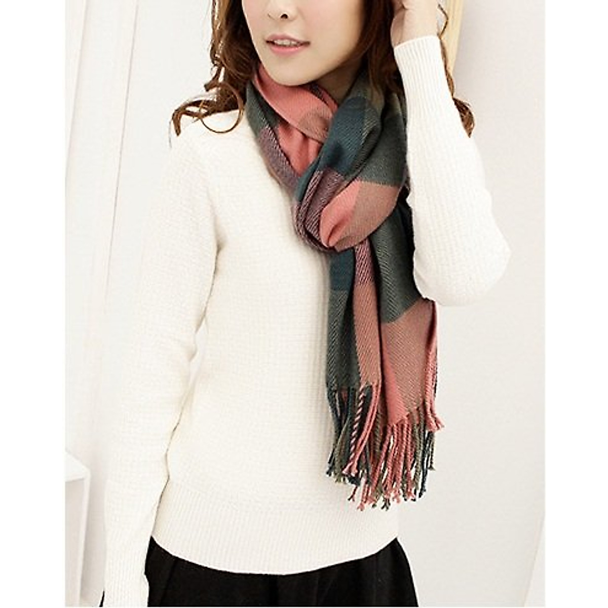 Wander Agio Women's Fashion Long Shawl Big Grid Winter Warm Large Scarf Red Black Green