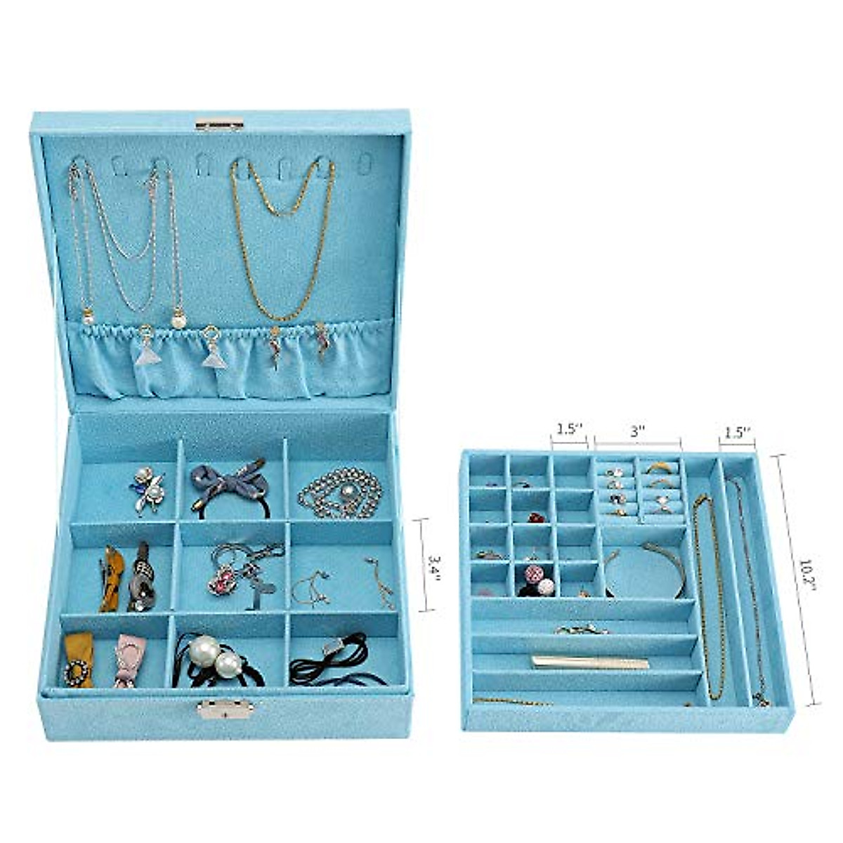 DerBlue Jewelry Case Jewelry Box for Women Two-Layer Lint Jewelry Organizer with Lock -36 Compartments and Removable Partition for Earrings Bracelets Rings Watches Case
