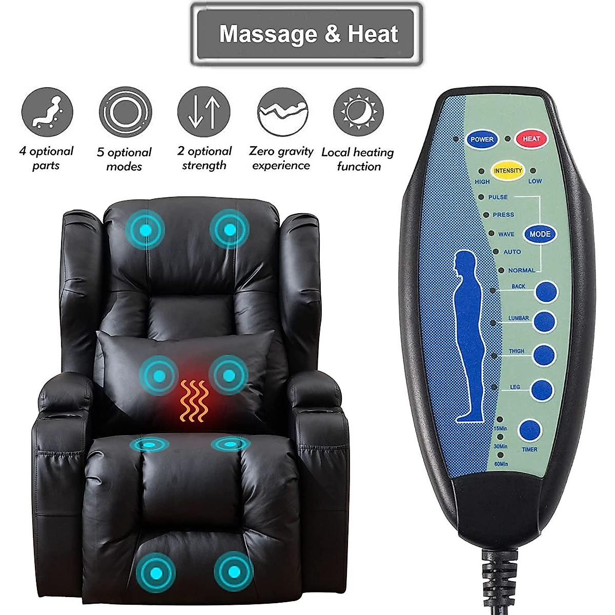 BINGTOO Electric Power Recliner Chair with Massage and Heat Recliner Chairs for Adults, Leather Home Theater Seating with Base Light, Cup Holders, USB Port…