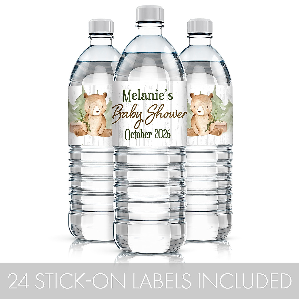 DISTINCTIVS Personalized Woodland Bear Baby Shower Water Bottle Labels - Customizable Waterproof Wrappers - 24 Stickers