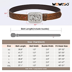 WOWOGO Women Men Western Genuine Leather Belt Cowgirl Cowboy Floral Engraved Tooled Belt Strap Embossed Scrollwork Buckle