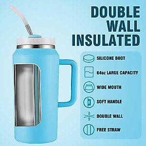 PlanetFlame 64oz Insulated Tumbler with Handle, Stainless Steel Double Wall Vacuumn Water Bottle, Lid and Straw for School, Gym, Hiking & Camping, Blue