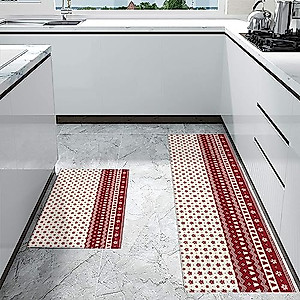 MUENINELE Kitchen Floor Rugs, Merry Christmas Snowflake Xmas Tree Geometric Pattern Red Non-Slip Runner Mats Runner Rugs for Laundry, Bedrooms, Sink, Office, 2 PCS Set