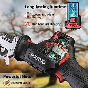 PULITUO Cordless Reciprocating Saw, Speed 3000SPM with Clamping Jaw, Including 2000 mAh/ 1-Hour Fast Charge,Safety Gloves& Goggles, 4Pcs of Saw Blades for Wood