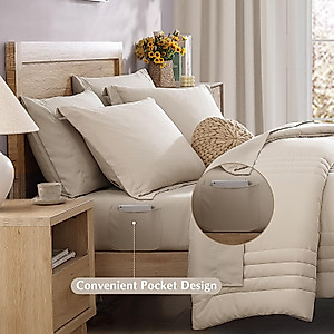 Monbix Queen Comforter Set - 7 Pieces Apricot Beige Bed in a Bag Queen Bedding Sets with Comforters, All Seasons Down Alternative Comforter Bed Set with Sheets,Pillowcases & Shams