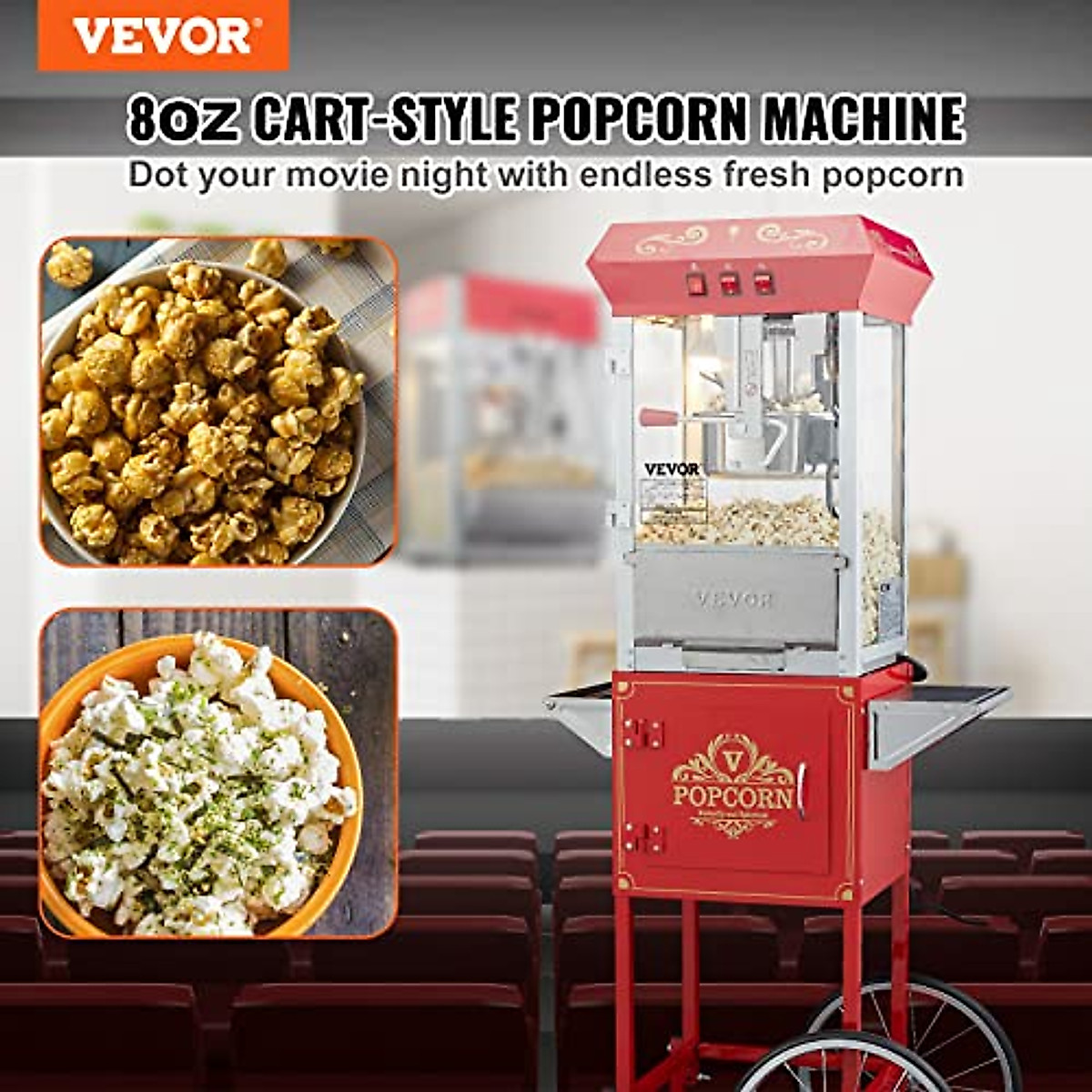 VEVOR Commercial Popcorn Machine, 8 Oz Kettle, 850 W Popcorn Maker on Wheels for 48 Cups per Batch, Theater Style Popper w/ 3-Switch Control Steel Frame Tempered Glass Doors Cart 2 Scoops 2 Spoons, Red