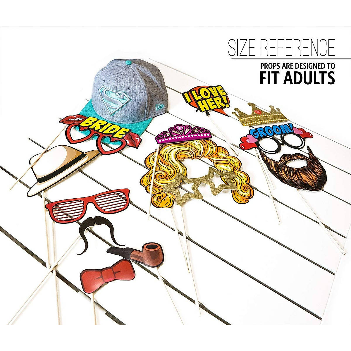 Wedding Photo Booth Props Kit - 38 Pieces with Wooden Sticks - Engagement, Birthday Party, Wedding Shower, Bridal Shower Photo Booth Props - Carpediem Party Prop Essential Vol.1