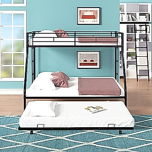 BIADNBZ Twin Over Full Bunk Bed with Trundle and 2 Built-in Ladders, Metal Heavy-Duty BunkBed Frame for Kids Teens Adults Bedroom, Black