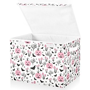 JUNZAN Pink Pumpkin Halloween Storage Bin With Lid Stackable Organization Bins Large Fabric Storage for Home Studyroom Dormroom Storage